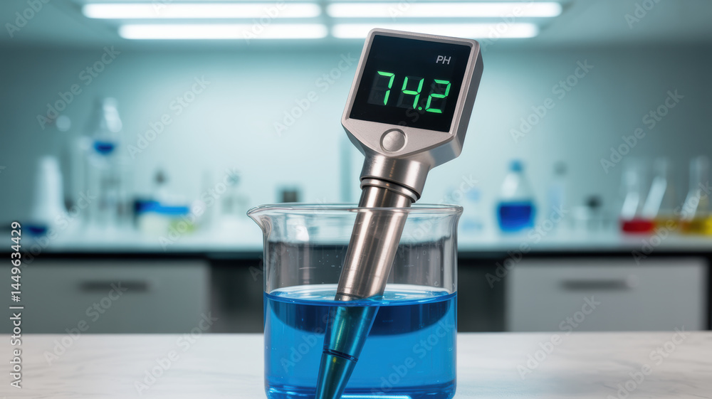 Digital pH meter measuring liquid acidity in beaker on pharma ...