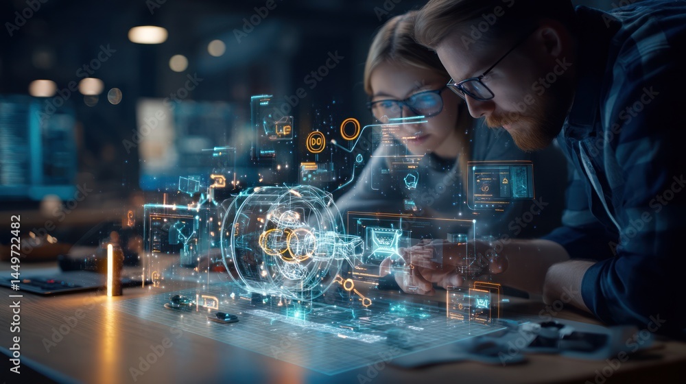Engineers design with holographic tech Stock Photo | Adobe Stock