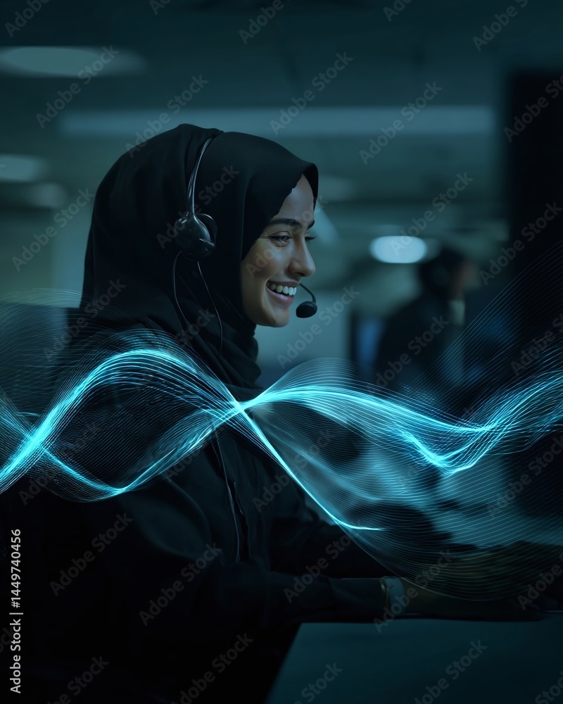 Smiling female call center agent wearing a headset, engaged in ...
