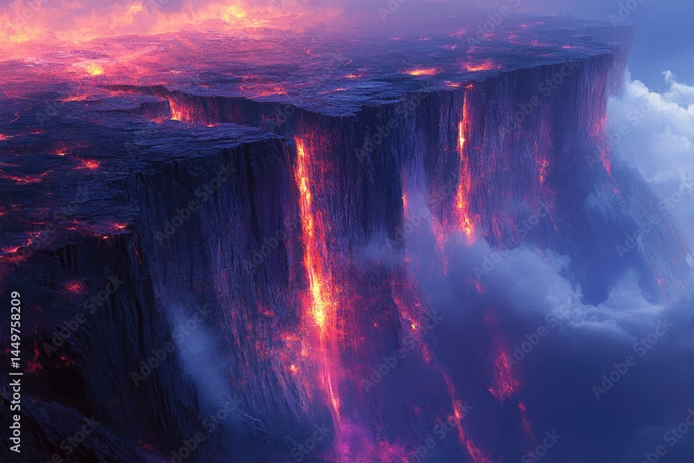 Lava waterfalls cascade down a massive cliff face on a fiery, alien ...