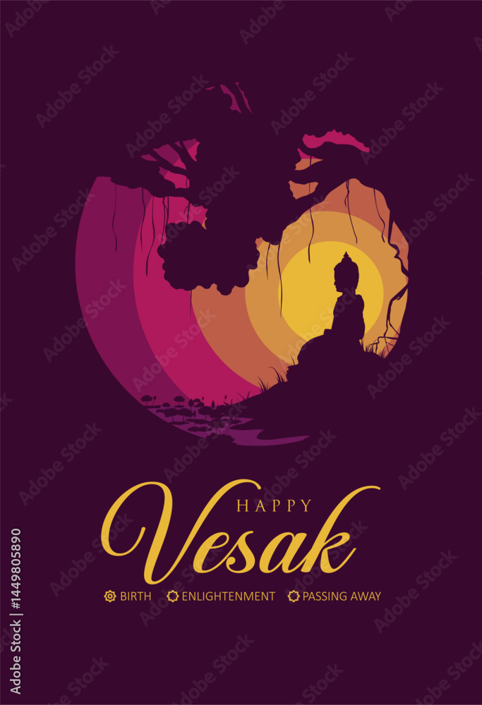 Peaceful Vesak Day 2025 illustration with meditating Buddha under Bodhi ...