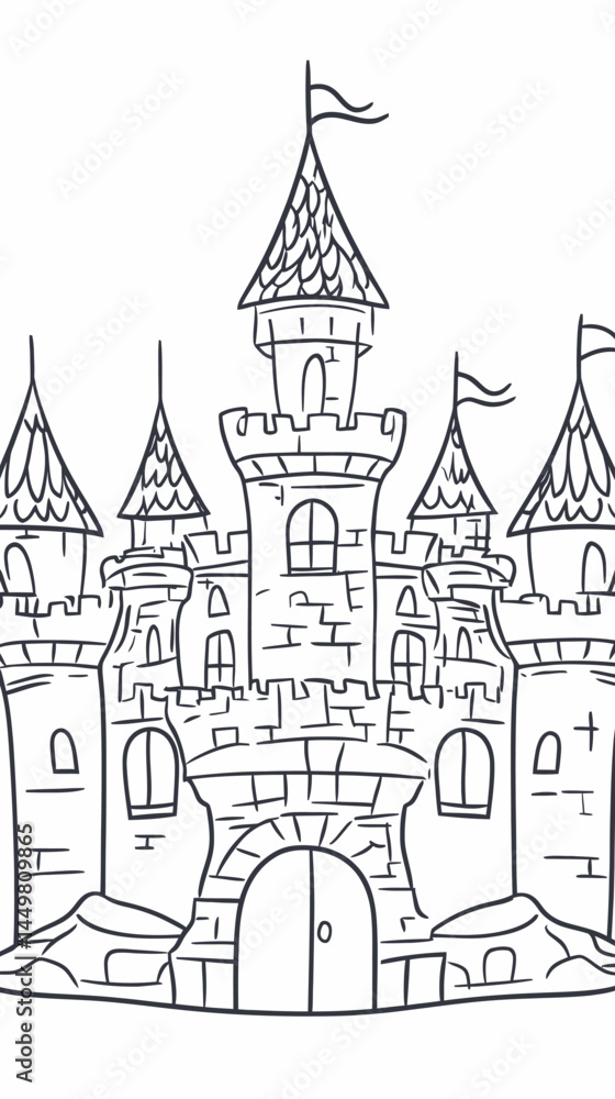 Enchanted Fairy Tale Castle Coloring Page for Kids Hand Drawn Vector ...