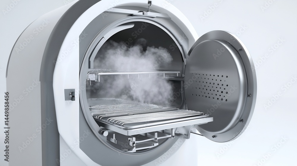 3d render of medical grade autoclave machine mid operation visible ...