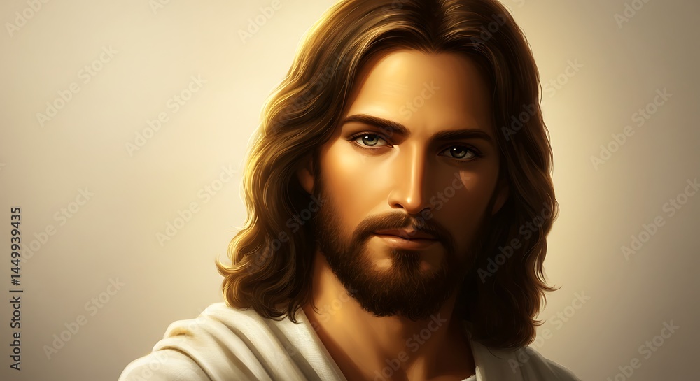 Digital portrait of Jesus Christ with long hair and beard looking ...