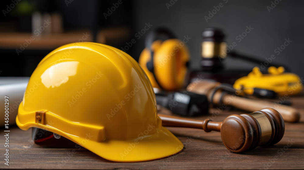 Construction helmet and gavel on wooden table with safety earmuffs and ...