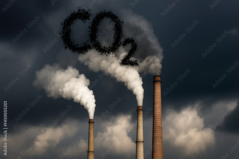 Foto de Stock Industrial chimneys emitting smoke and CO2 into dark ...