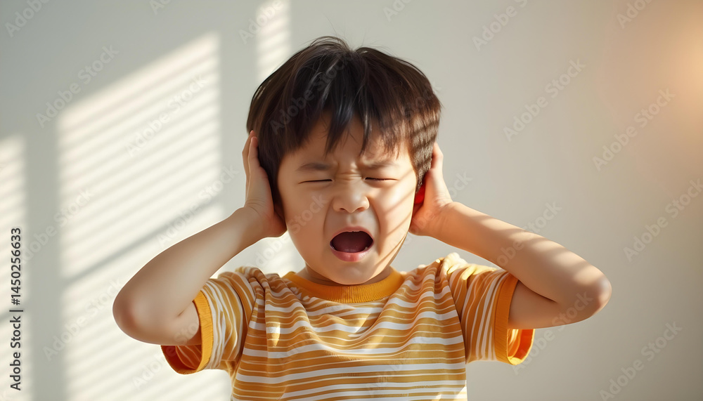 Neurodivergent autistic asian boy child kid covering ears, autism ...