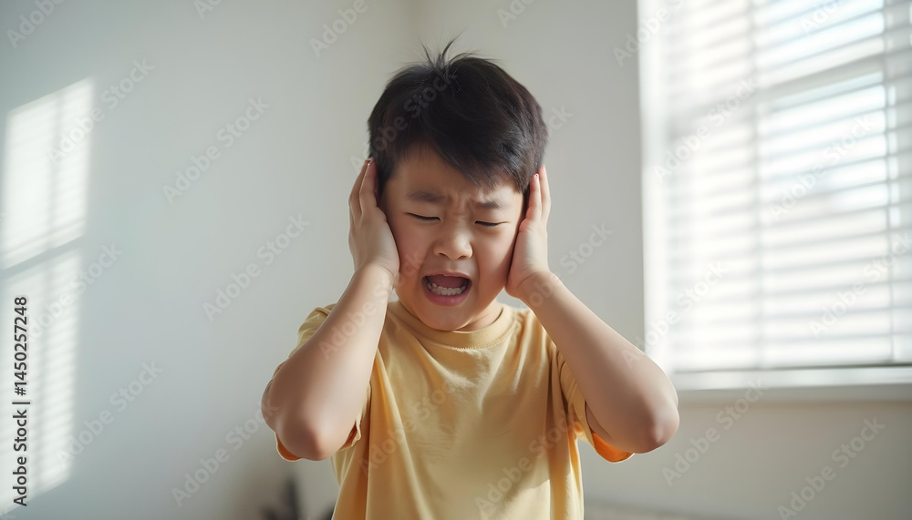 Neurodivergent autistic asian boy child kid covering ears, autism ...
