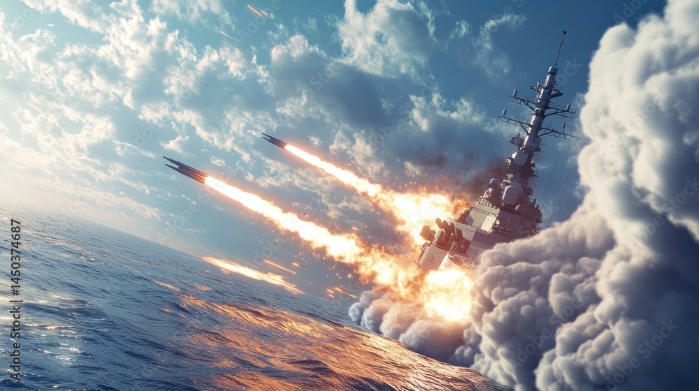 Illustration Stock War ship launching missiles in dramatic sky. Smoke ...