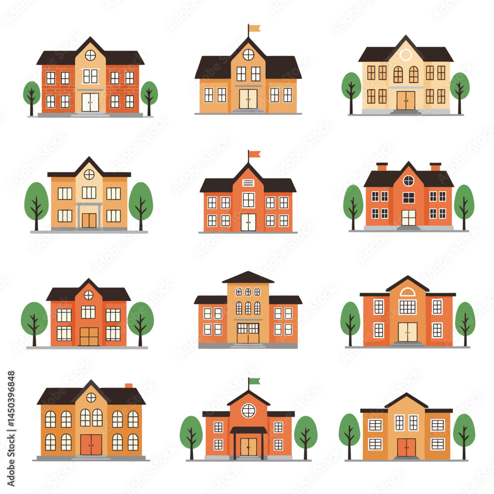 Illustrated collection featuring brightly colored school building icons ...