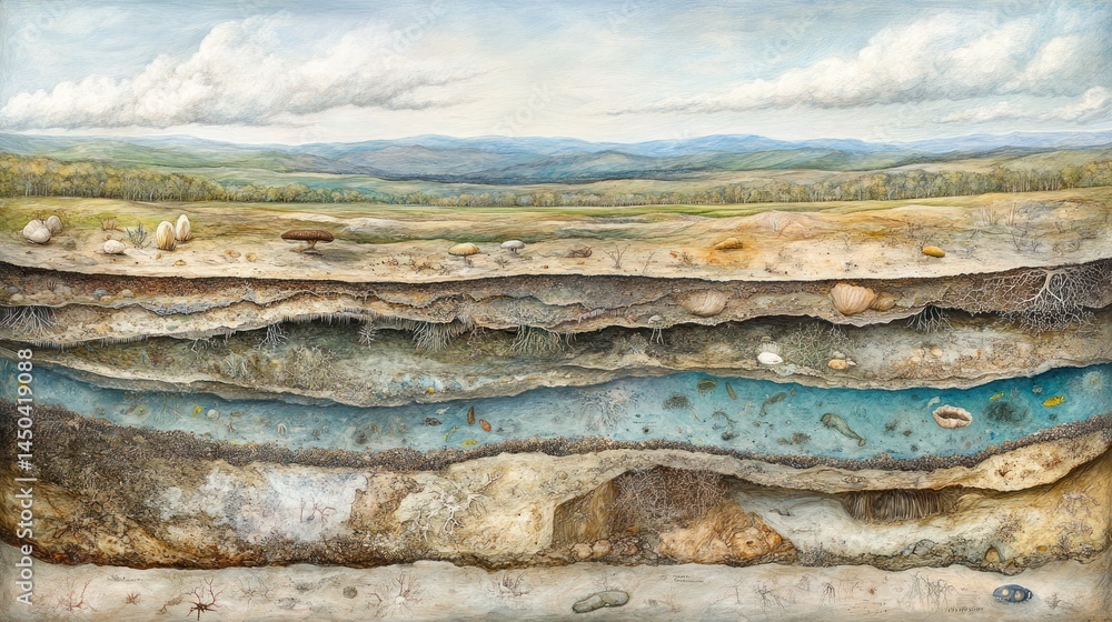 Cross-section of geological strata revealing fossils and ancient life ...