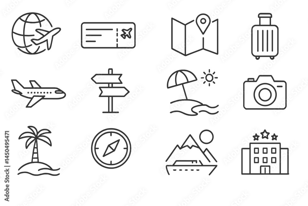 Travel icons set featuring symbols of adventure, exploration, and ...