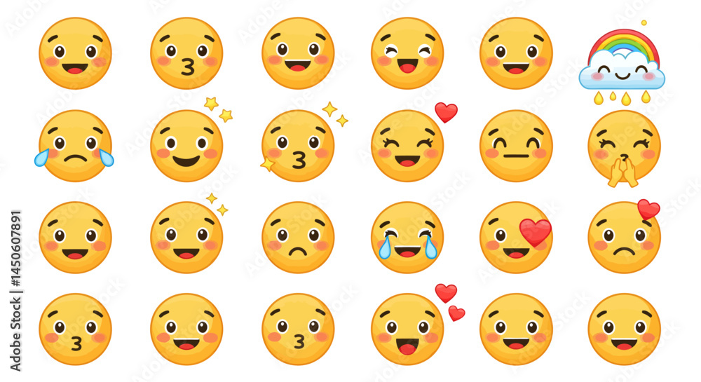 Twelve Expressive Yellow Emojis with Rosy Cheeks and Varying Emotions ...