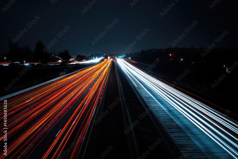 Night highway, streaks of light from cars moving fast. Blurred motion ...