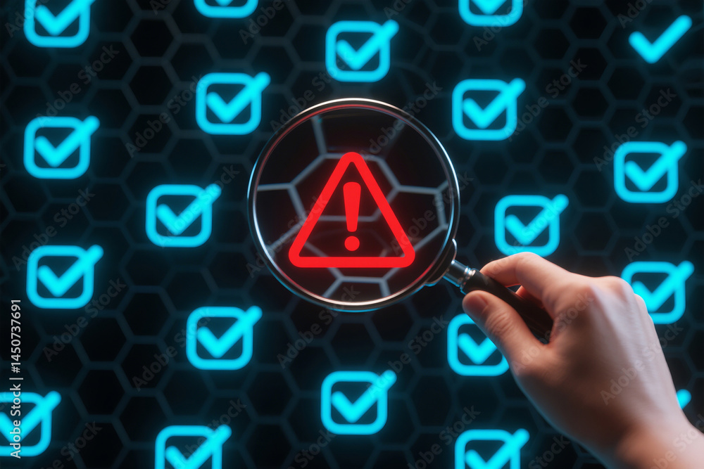 Magnifying Glass Over Red Warning Sign Among Checkmarks Stock Photo ...
