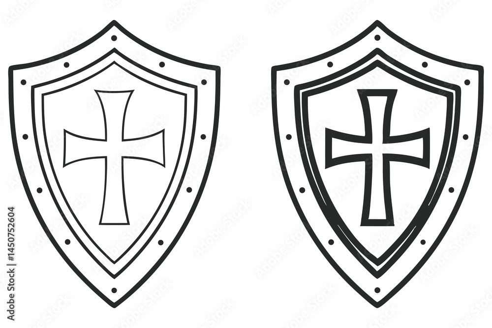 Two medieval shields display a cross symbol in varying line thickness ...