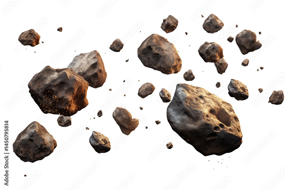 A cluster of brown asteroids floating in the blackness of space with varying sizes and textures ...