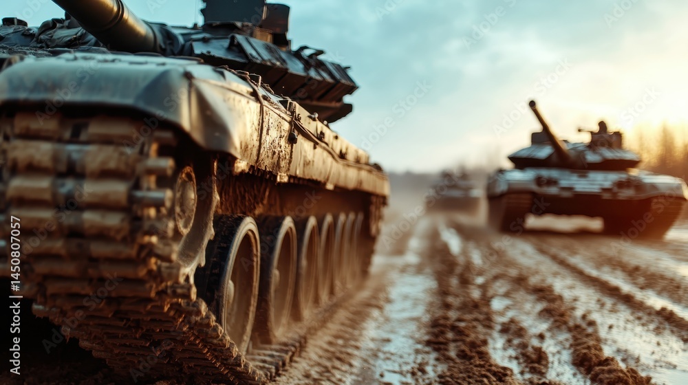 This powerful image displays military tanks maneuvering through a dusty ...
