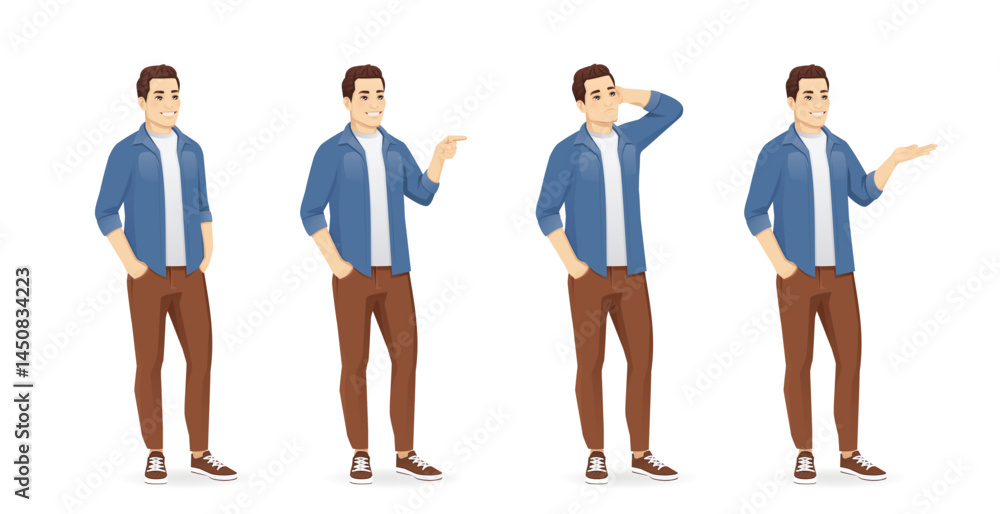 Set of young handsome man poses wearing casual clothes in half turn ...