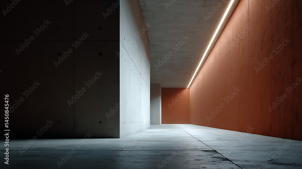 Abstract architectural space with concrete walls, terracotta accent ...