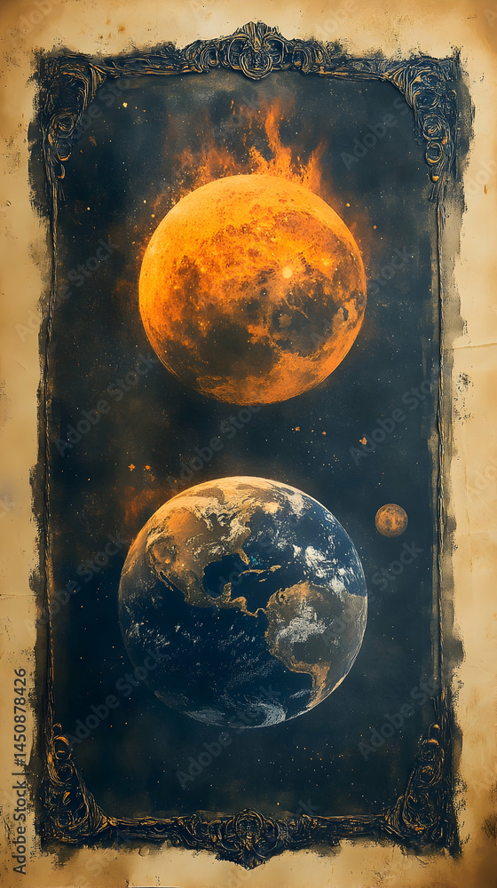Stock-Illustration „Two planets, one burning, one serene, depicted in a ...