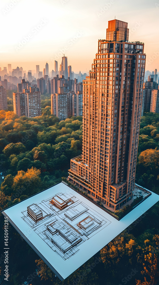 Modern high-rise building amidst cityscape presented alongside its ...