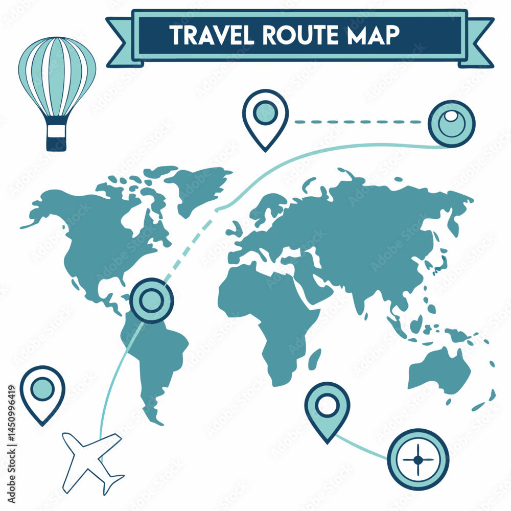 World Travel Route Map Showing A Hot Air Balloon And Airplane Icon ...