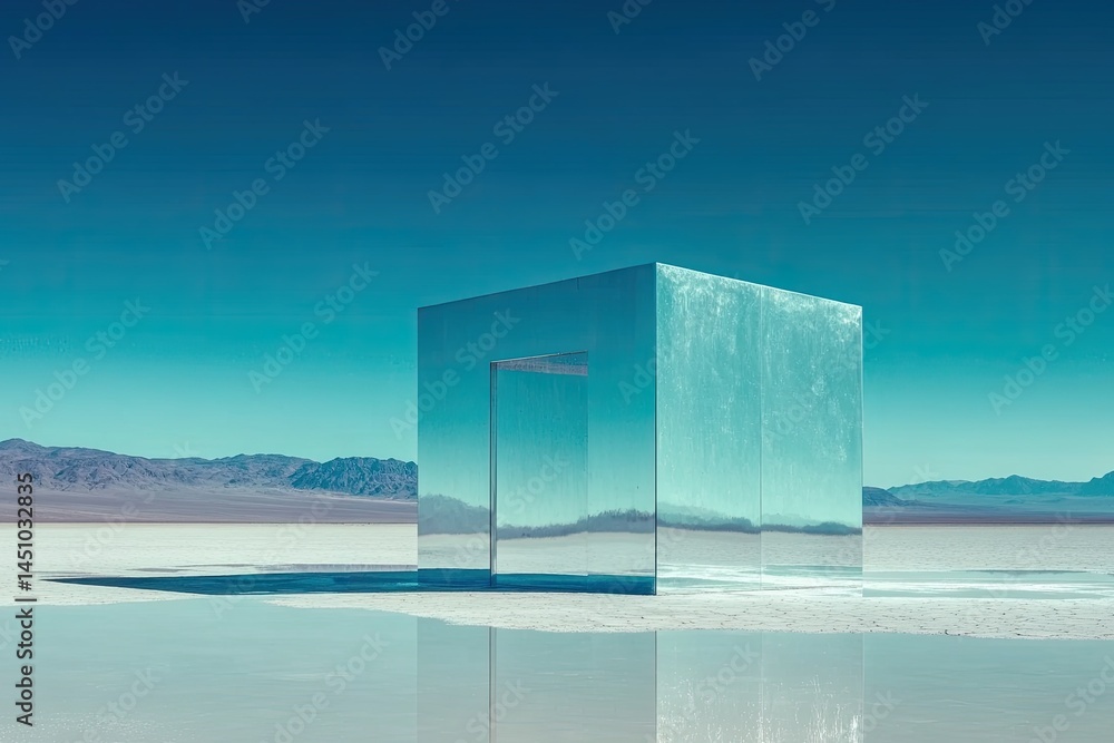 Reflective cube structure on a tranquil salt flat. Mirrored cube ...