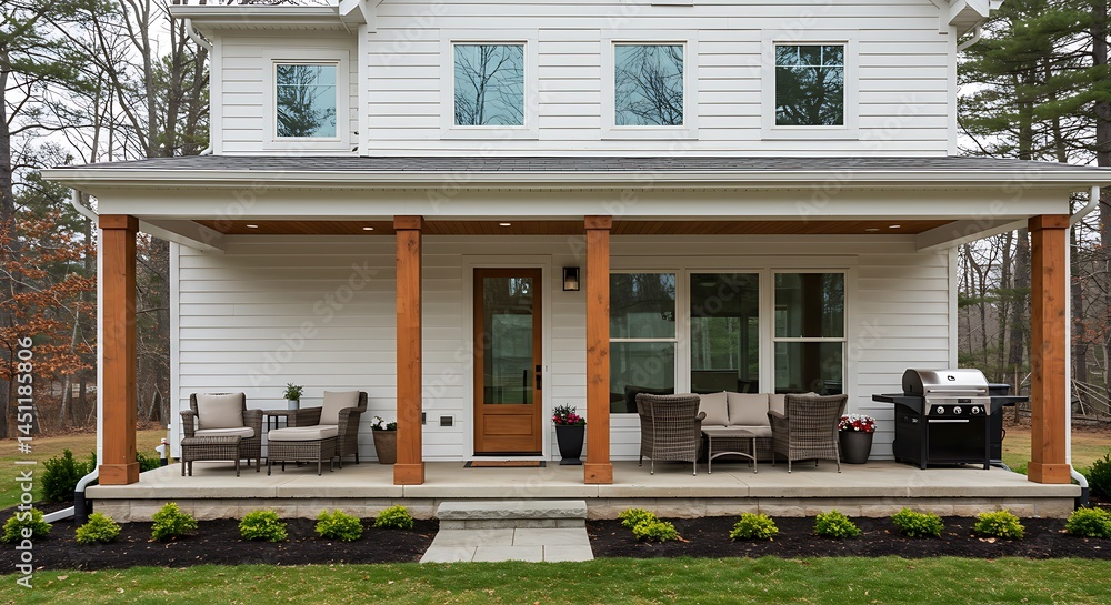 Exterior of a modern farmhouse with white siding, large veranda, wicker ...