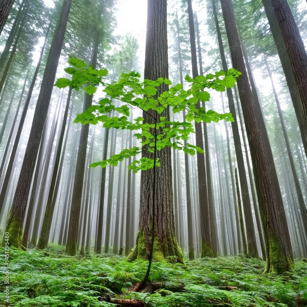 A young sapling tree bravely stands tall amidst a dense fog-filled forest of towe evergreen ...