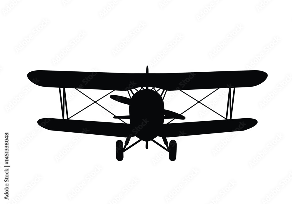 Biplane silhouette. This image shows a front view of a vintage biplane ...