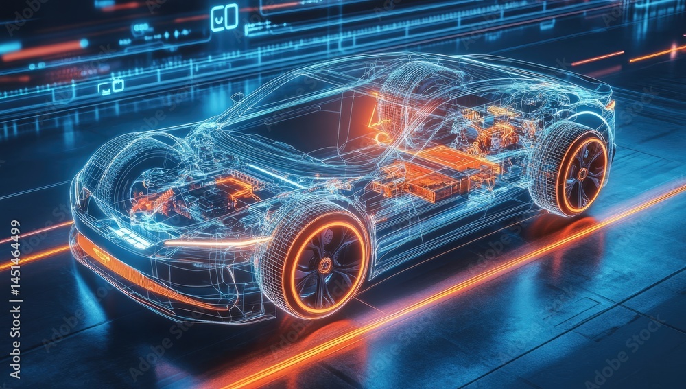 The car's internal structure is shown in a wireframe hologram ...