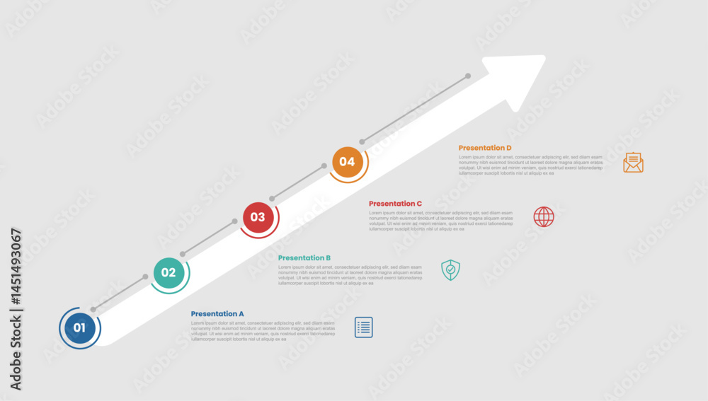 4 stage infographic diagram with growth increase step on big arrow top ...