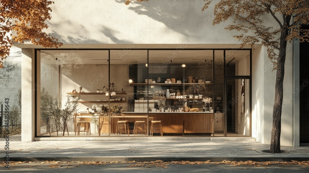 Stock-Illustration „Street-level cafe exterior, whitewashed walls ...