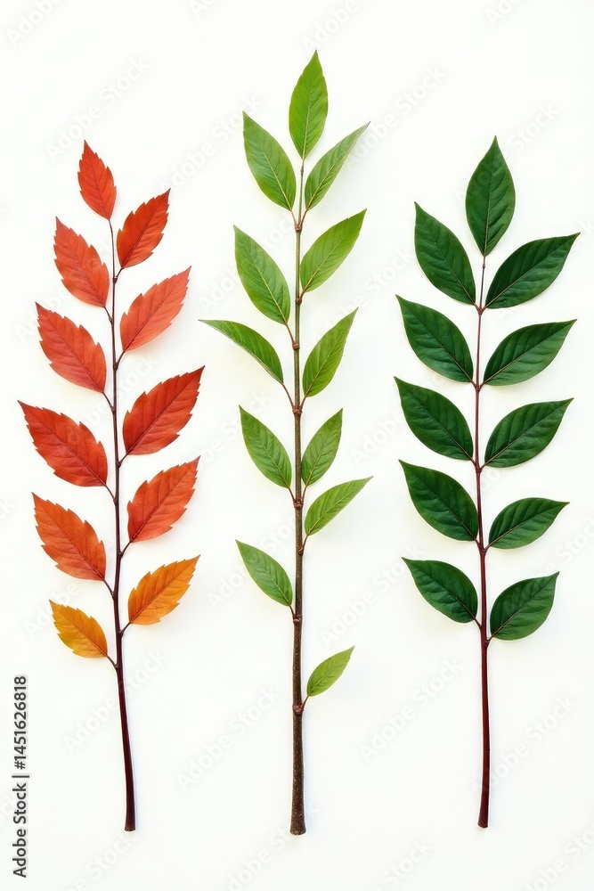 Three isolated branches with different types of leaves, foliage, tree ...
