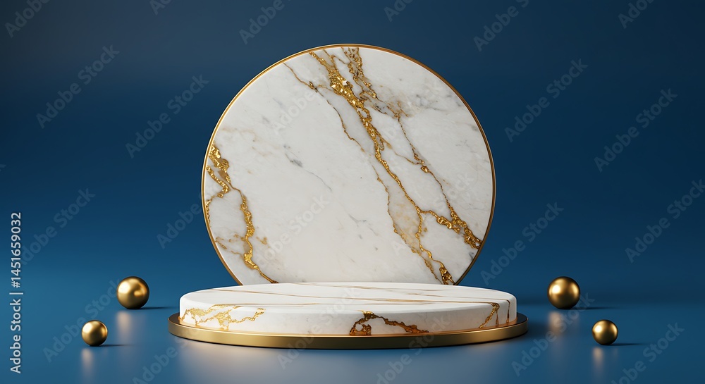 ivory-white marble podium with gold veining, floating against a ...