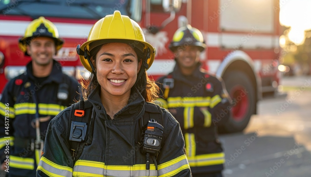 Brave firefighters in uniform urban fire station action shot daylight ...