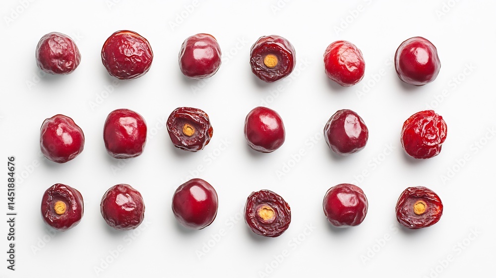 Top down view of dried and fresh jujube fruits neatly arranged on a ...