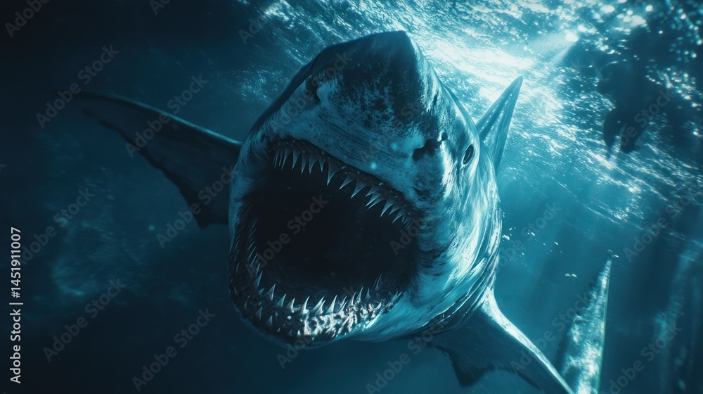 An underwater view showing a large shark with jaws wide open. The shark is facing the viewer ...