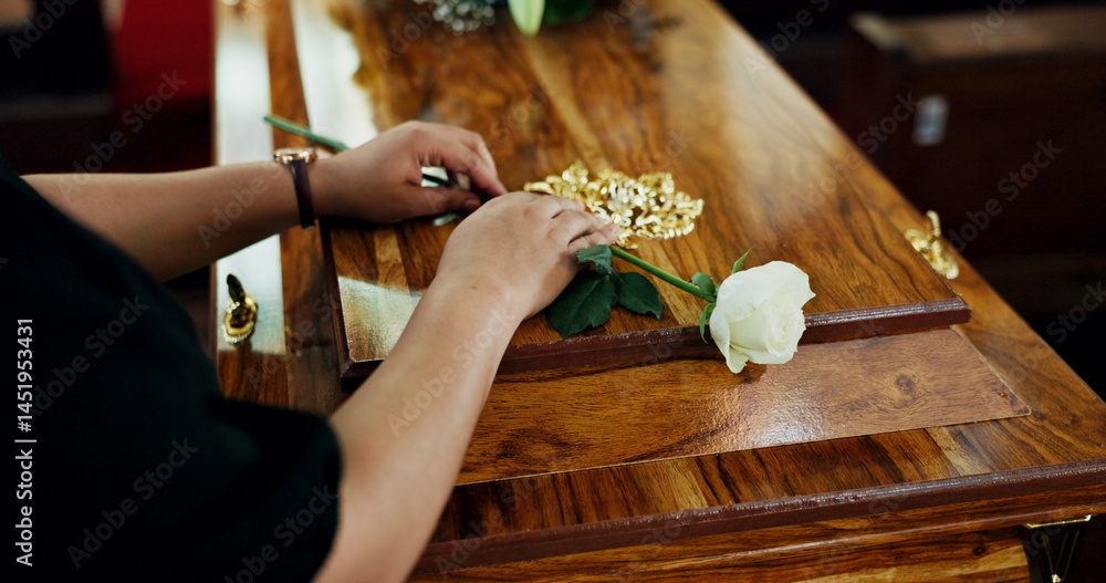 Hands, person and flower on coffin at funeral for farewell, mourning ...