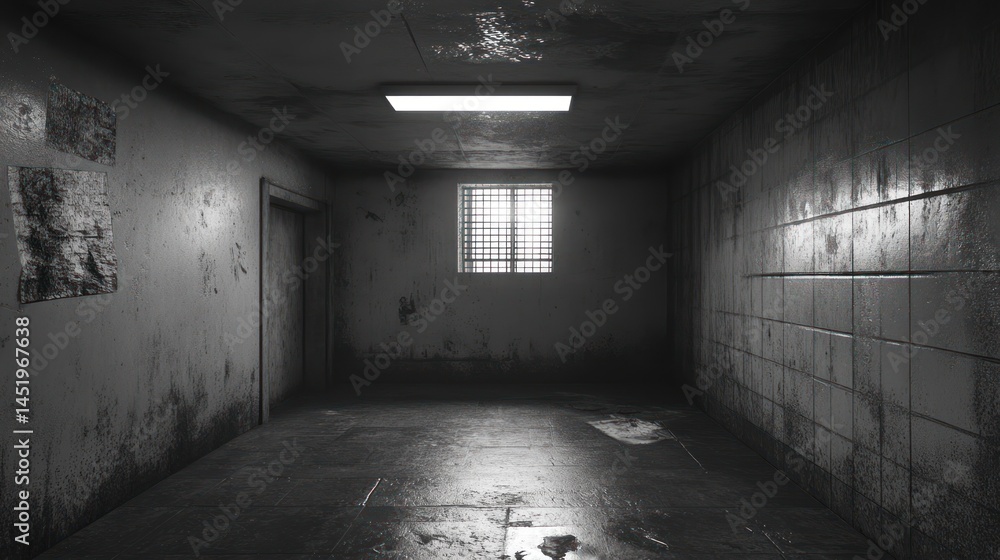 Dark, gritty hallway; prison cell window; grunge textures; ominous ...