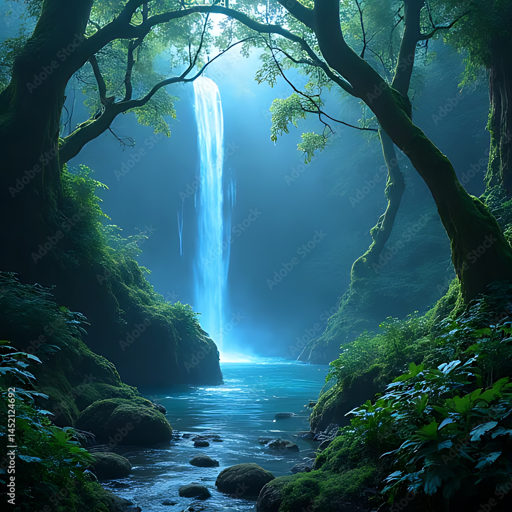 Enchanted monsoon forest in a fantasy world with bioluminescent plants ...