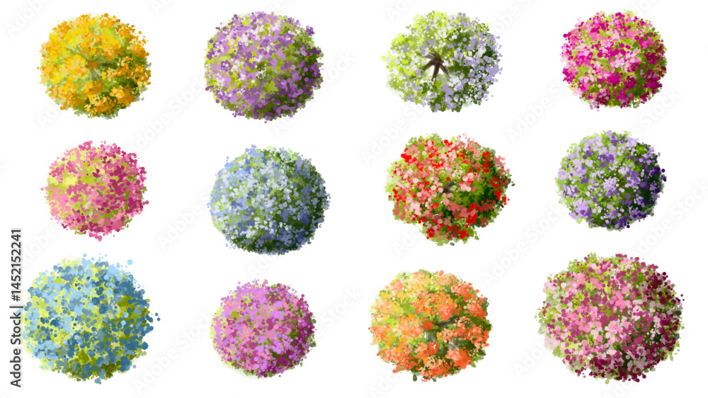 Vertor set of spring blossom tree,blooming plants top view for ...