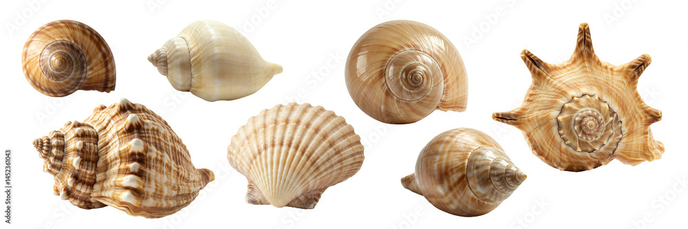 Various sea shells isolated on white background presented in close-up ...