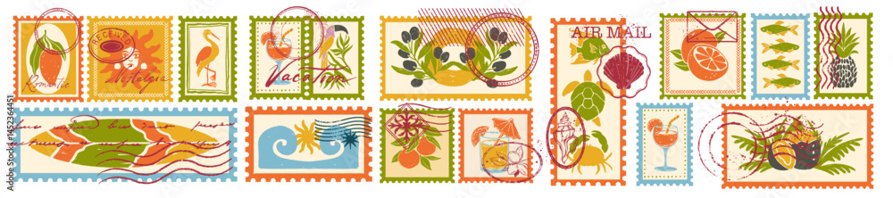 Tropical summer stamp, exotic travel postal sticker set, Hawaii island ...