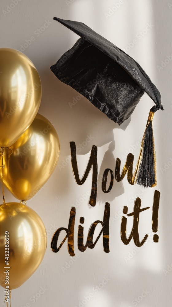 Graduation Celebration: A black graduation cap with a tassel and gold ...
