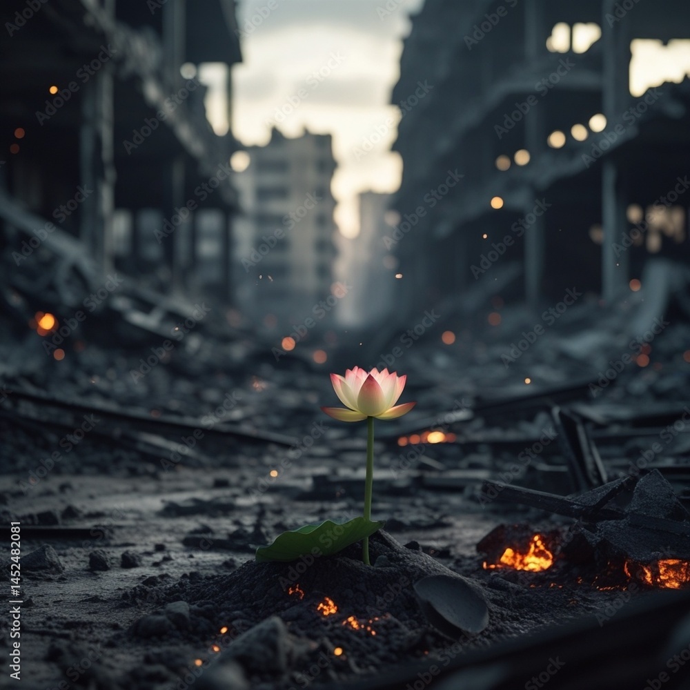 Post-war urban area with collapsed buildings, ash, and embers. A young ...