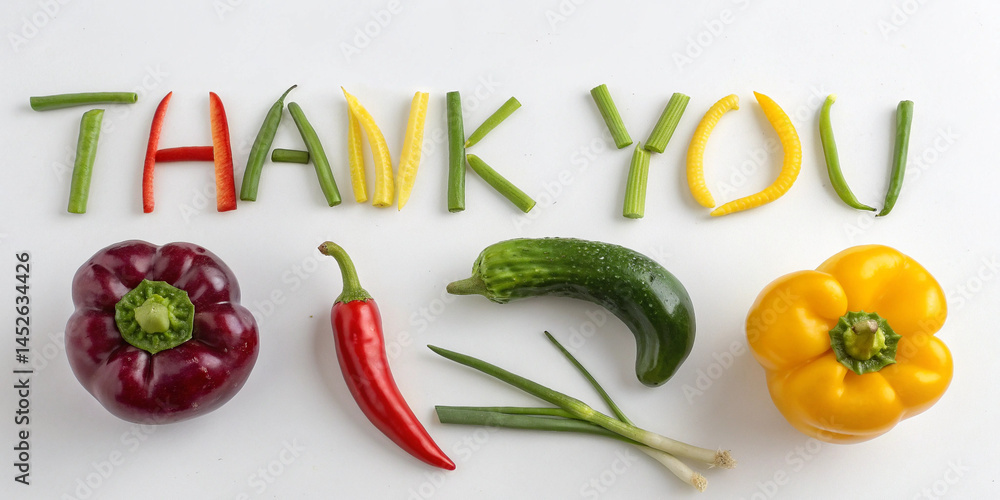 Colorful cut vegetables spell "THANK YOU" next to whole peppers and a ...