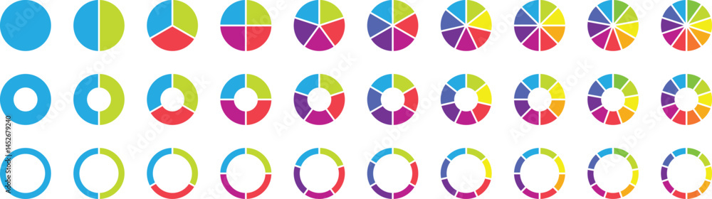 Circle pie chart diagram. Pie chart color icons. 1,2,3,4,56,7,8,9,10,11,12 segment infographic ...