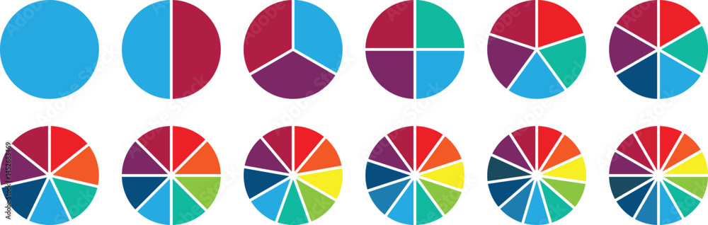Pie chart set. Colorful diagram collection with 1,2,3,4,5,6,7,89,10 ...